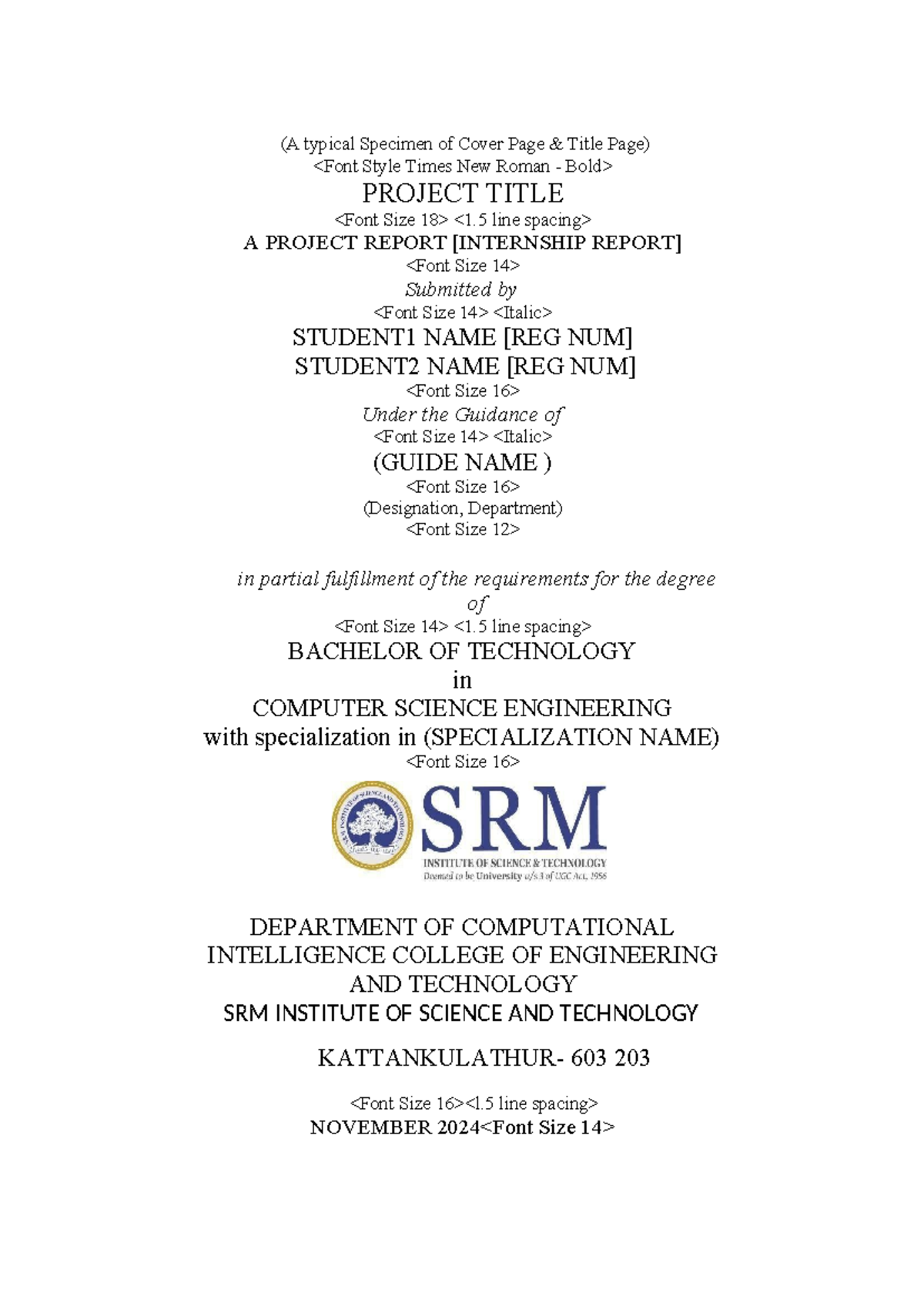 Sample Project Report Product Based - (A typical Specimen of Cover Page ...
