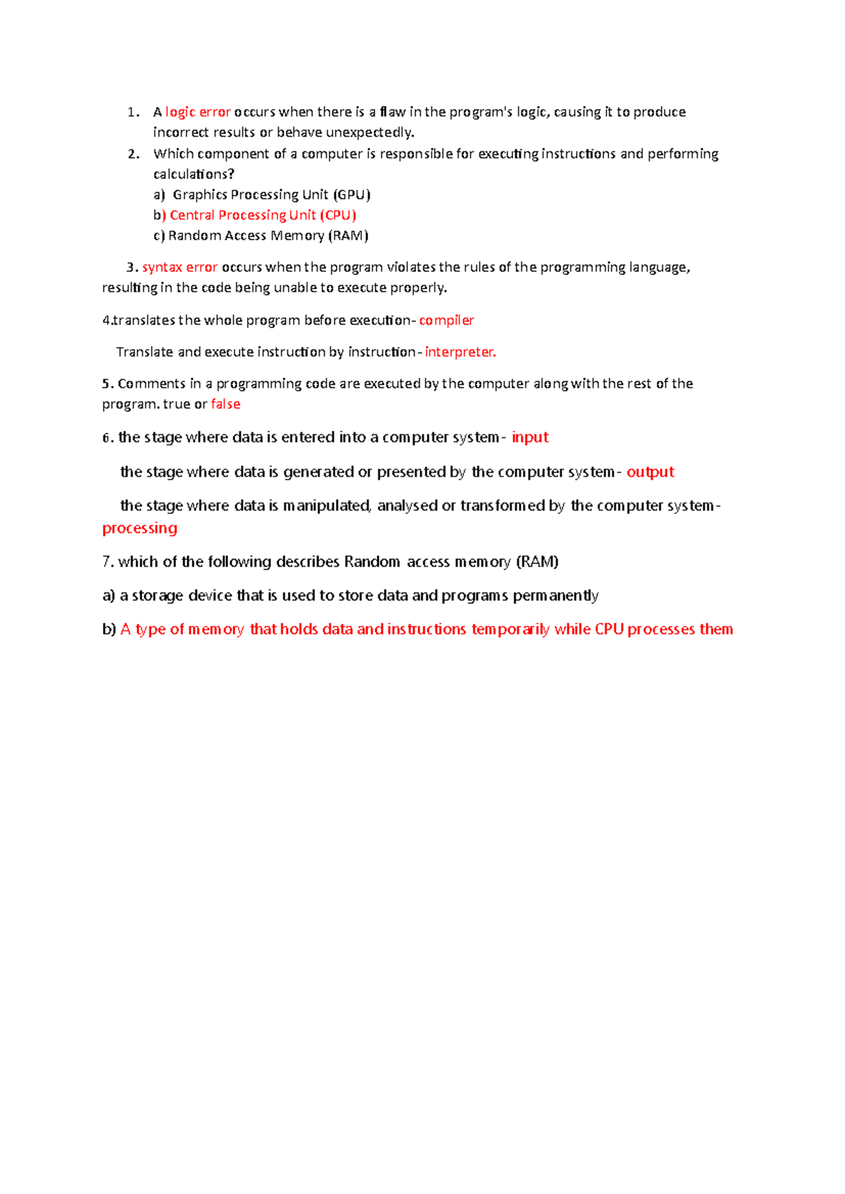 INF 154 Quiz 2 Practice material - A logic error occurs when there is a ...