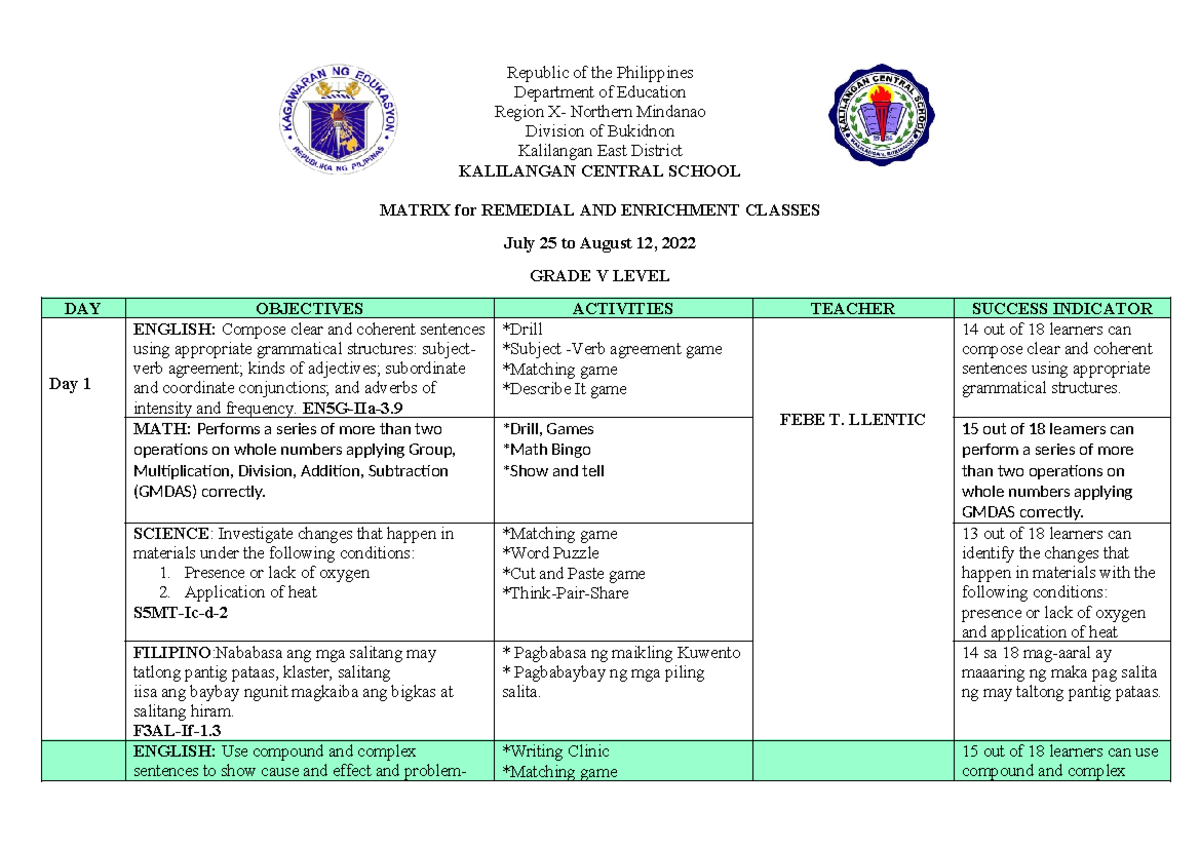 Matrix English Math Science Filipino - Republic of the Philippines ...