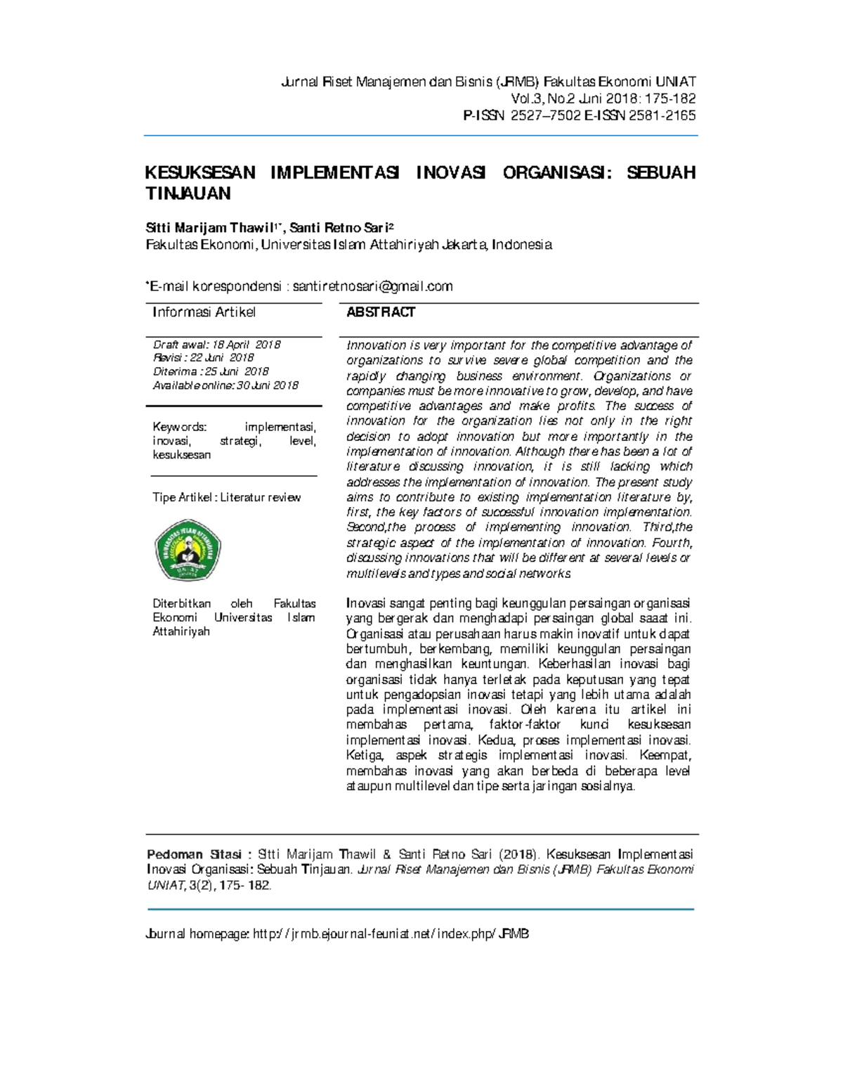 Kesuksesan Implementasi Inovasi Organisasi - Jurnal Riset Manajemen dan Bisnis (JRMB) Fakultas ...