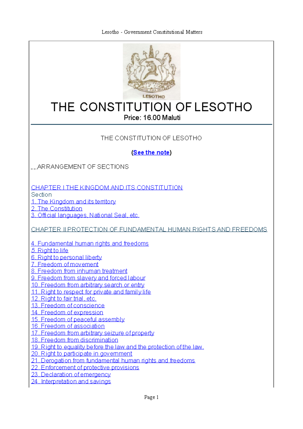 Lesotho Constitution - law material - THE CONSTITUTION OF LESOTHO Price ...