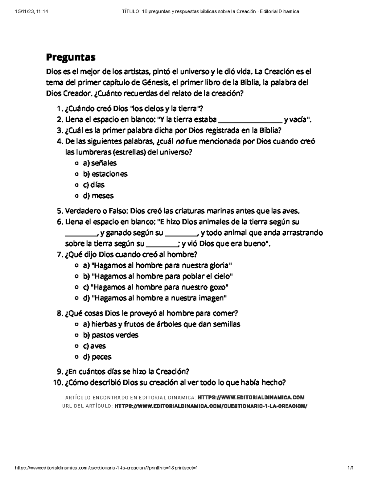 Título 10 preguntas y respuestas bíblicas sobre la Creación - Editorial Dinamica - 15/11/23, 11 ...
