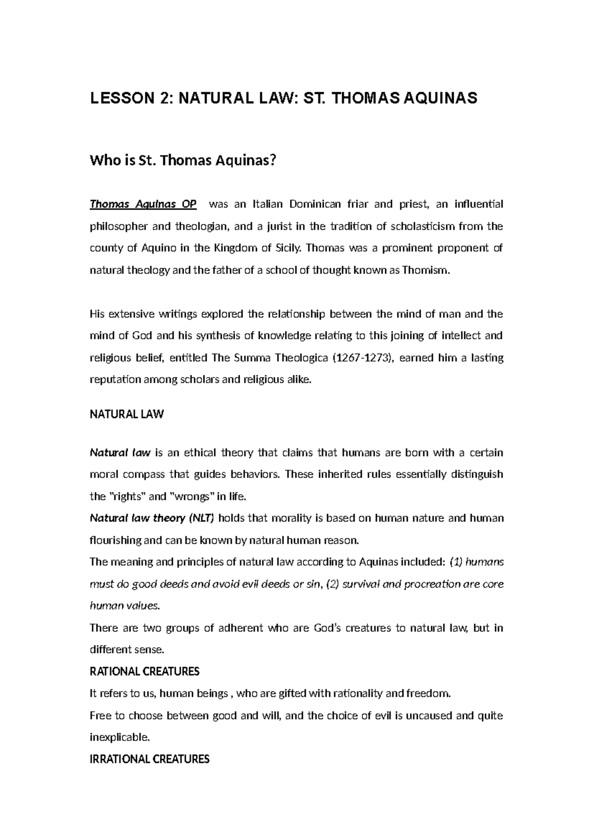 Ethics-lesson-2 - LESSON 2: NATURAL LAW: ST. THOMAS AQUINAS Who is St ...