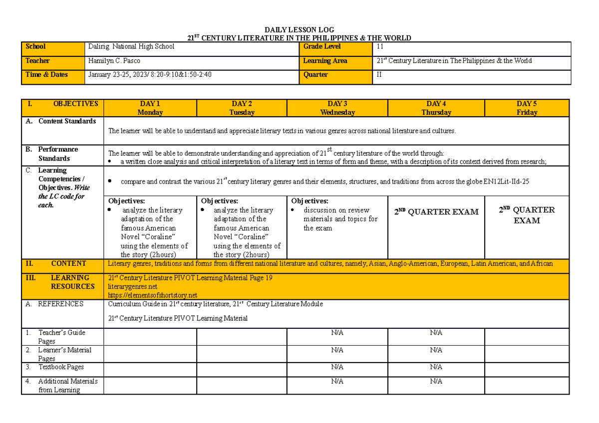 DLP 2ND Quarter EXAM 21ST Century - DAILY LESSON LOG 21 ST CENTURY ...