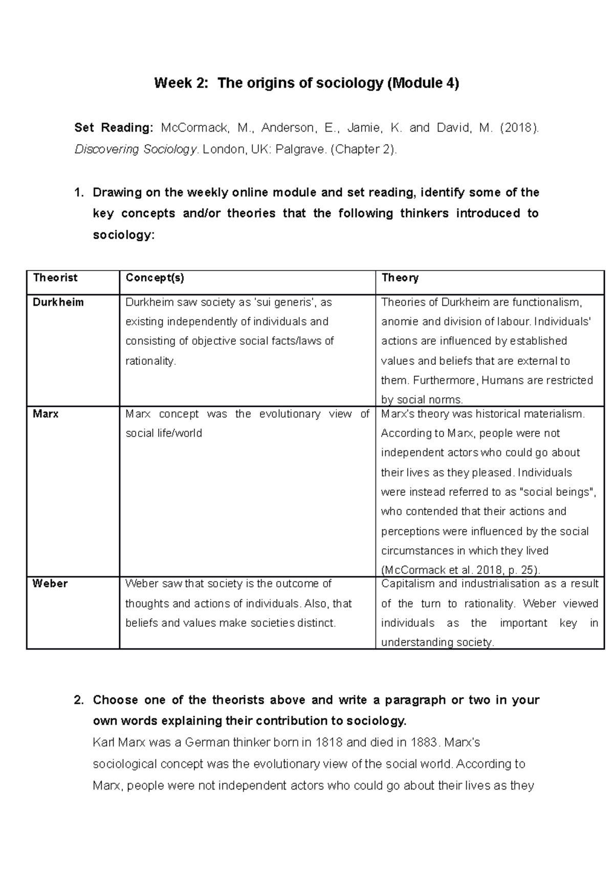 Week 2 - module 4 workbook - Week 2: The origins of sociology (Module 4 ...