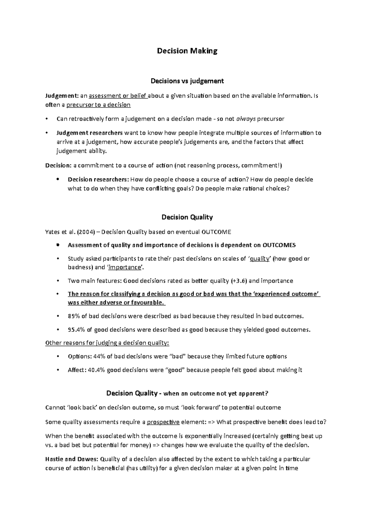 6 - Decision Making - PSY3009F NOTES - Decision Making Decisions vs ...