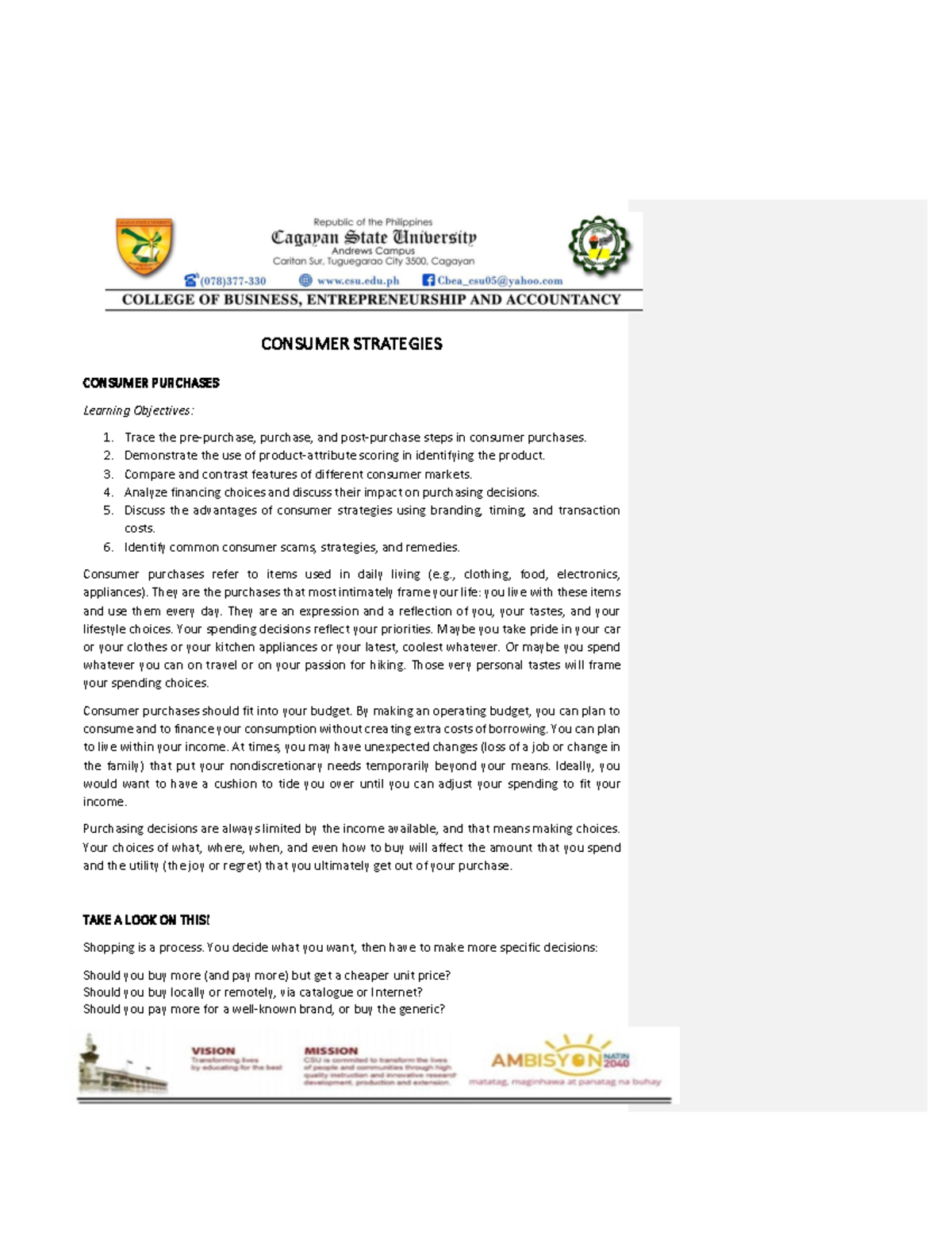 1 - Personal Finance- Consumer Strategies - CONSUMER STRATEGIES ...