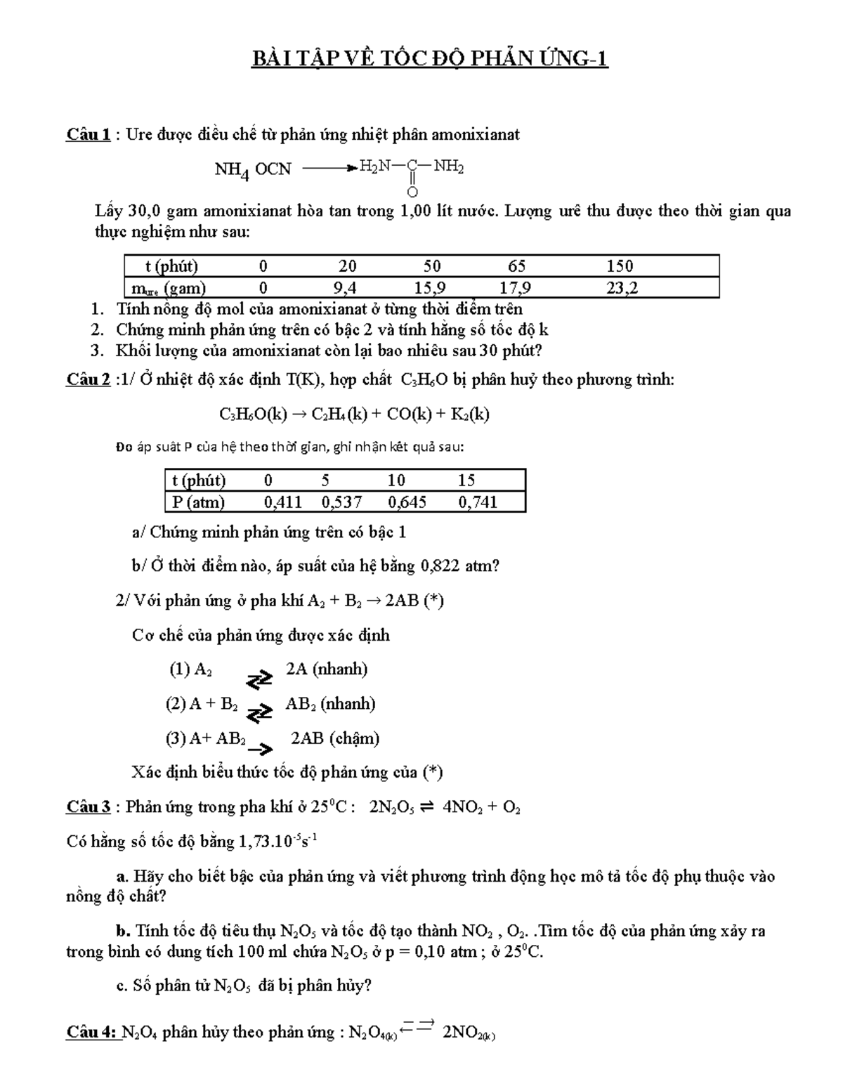 Bai tap toc do pu HSG - toc do phan ung - BÀI TẬP VỀ TỐC ĐỘ PHẢN ỨNG- Câu 1 : Ure được điều chế ...