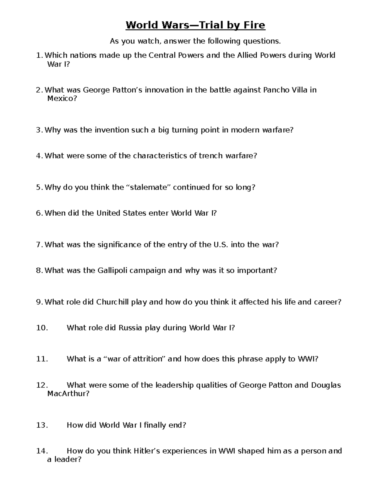 World Wars movie questions DETAILED - As you watch, answer the ...