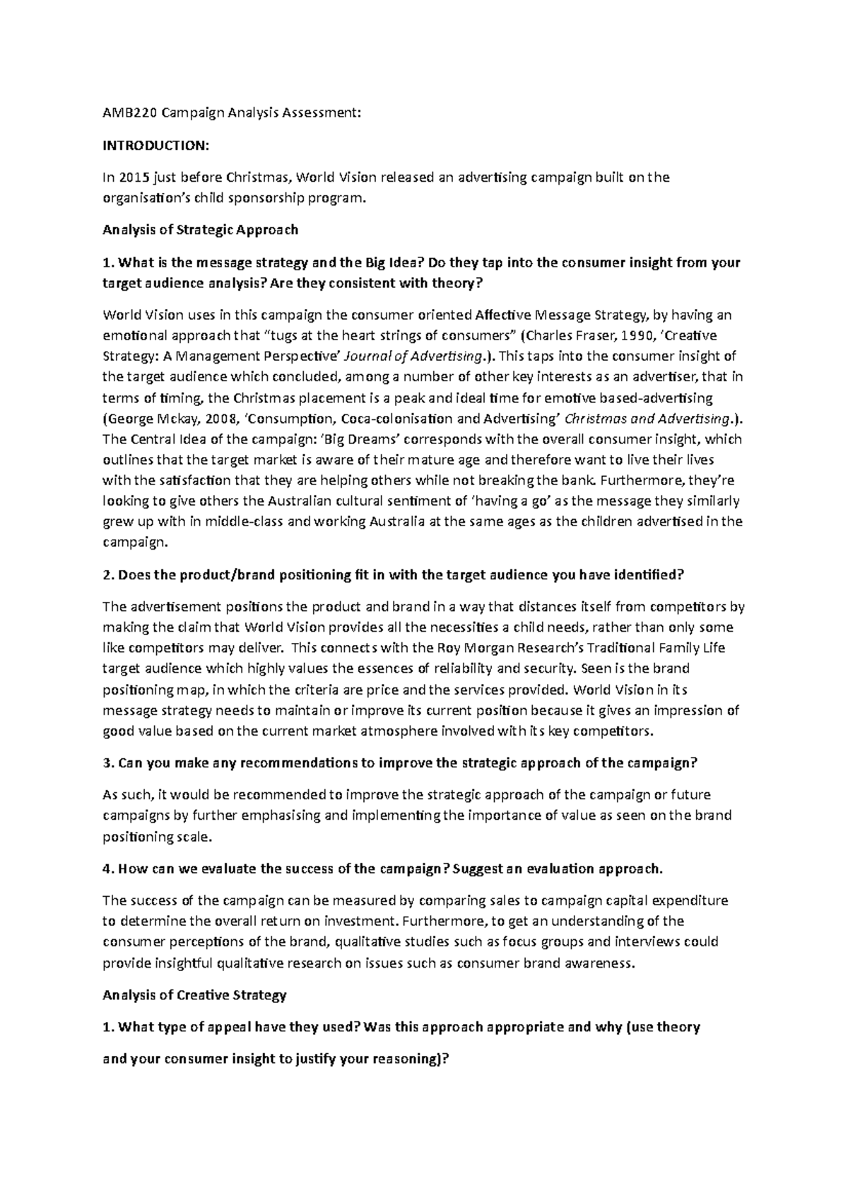 AMB220 Campaign Analysis Assessment - AMB220 Campaign Analysis ...