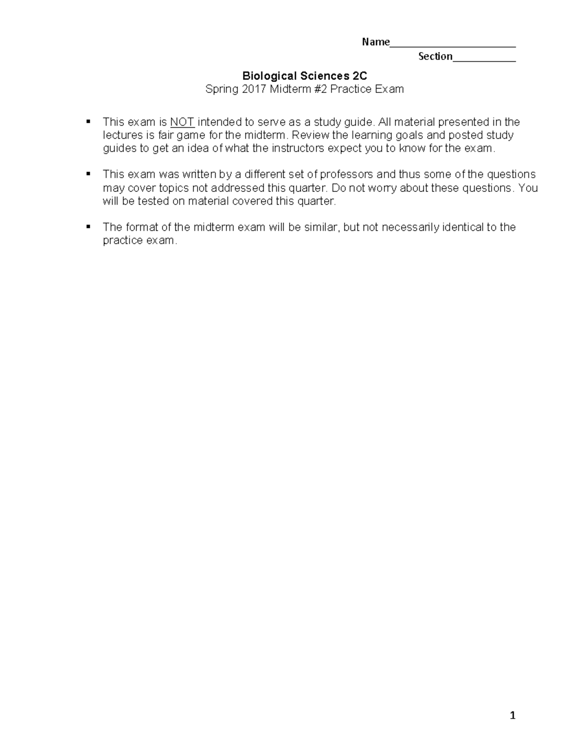 MT2 Practice Key - !! Section___________! Biological Sciences 2C Spring 2017 Midterm #2 Practice ...