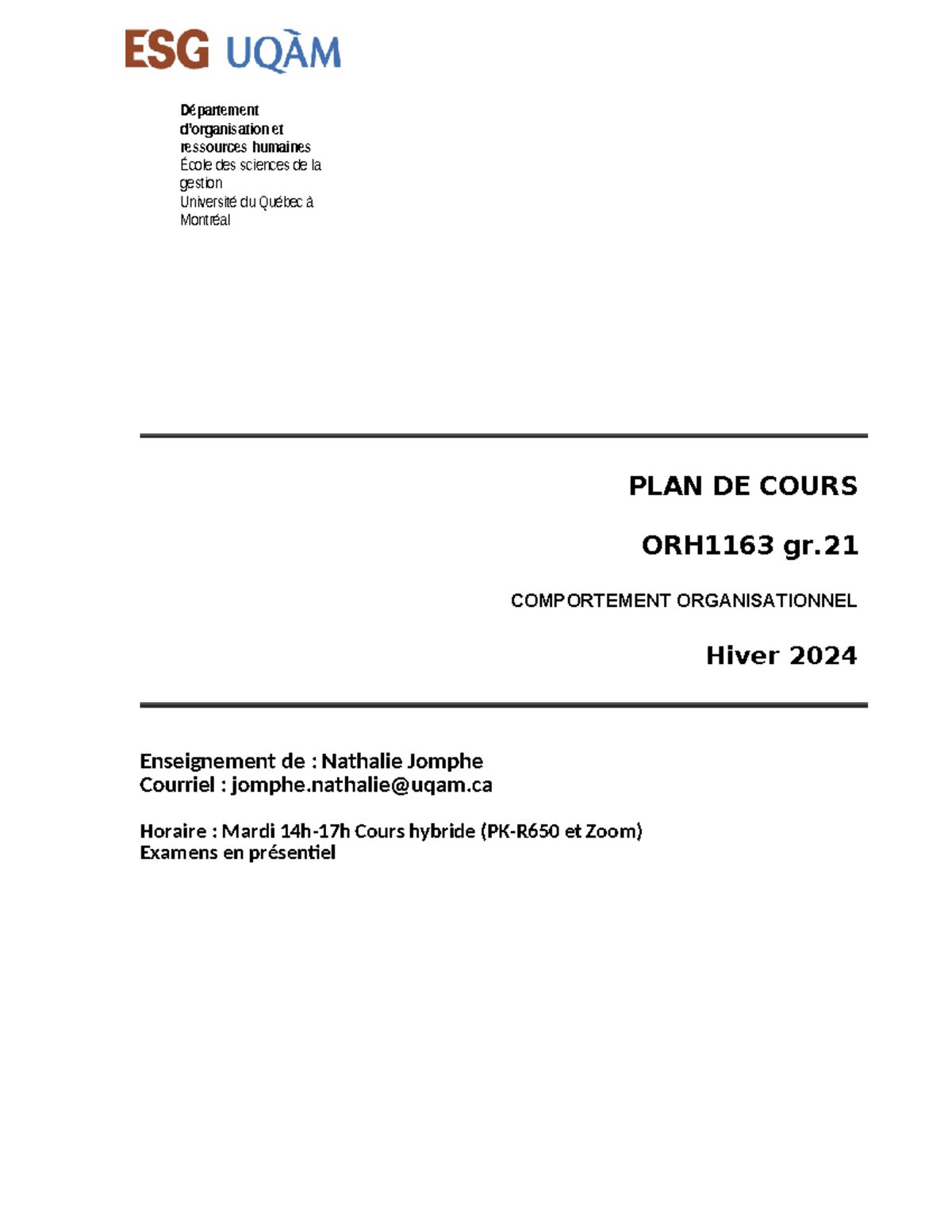 Plan de cours ORH1163-21 Mardi 14H hybride - PLAN DE COURS ORH1163 gr. COMPORTEMENT ...