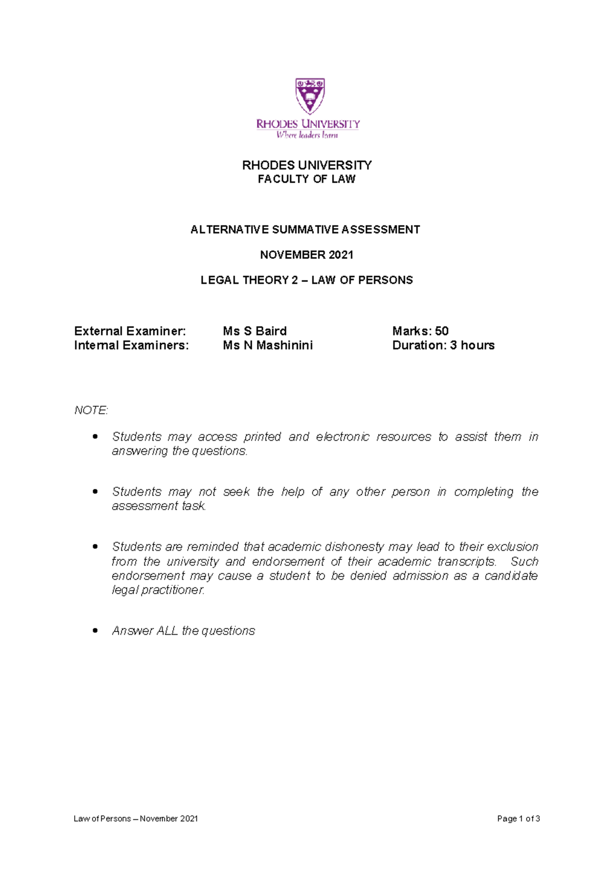 Persons Nov 2021 Final - RHODES UNIVERSITY FACULTY OF LAW ALTERNATIVE ...