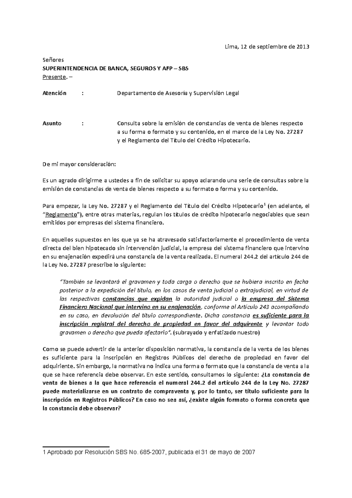 Consulta ANTE LA SBS - Lima, 12 de septiembre de 2013 Señores ...