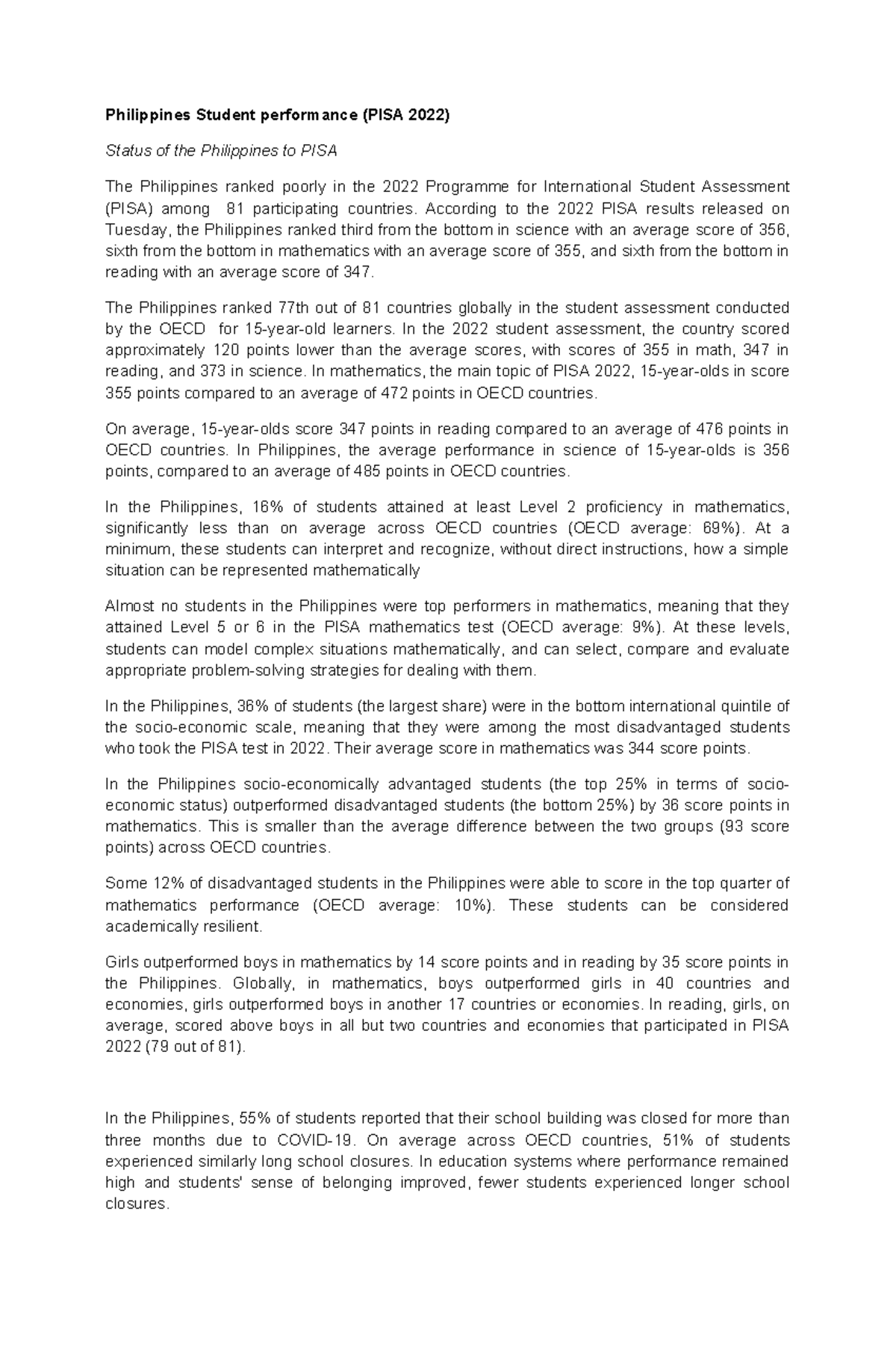 Philippines-Student-performance - Philippines Student performance (PISA ...