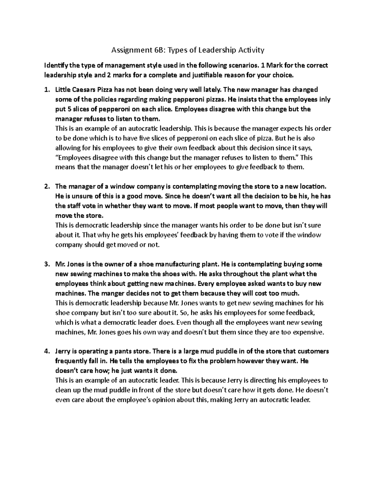 Assignment 6B Types of Leadership Activity - Assignment 6B: Types of Leadership Activity ...