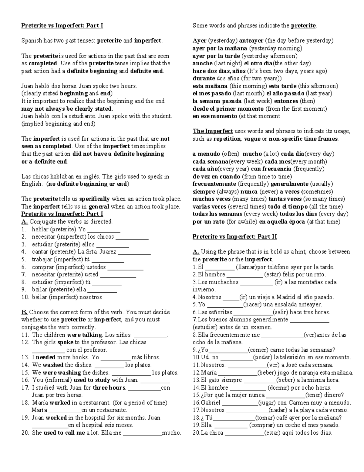 Span II 2.2 ALL Worksheets - Preterite vs Imperfect: Part I Spanish has ...