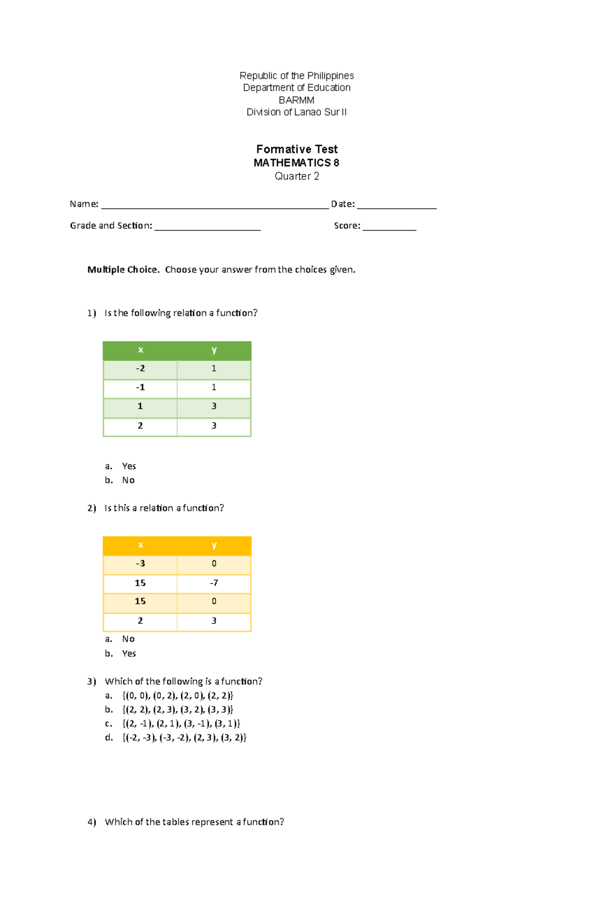 Formative Test (Grade 8) - Principles and Strategies in Teaching ...