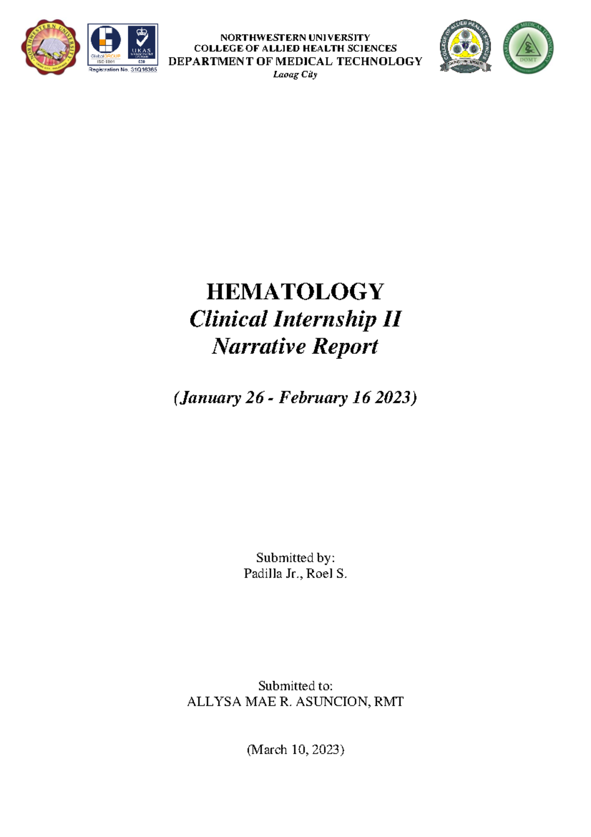 Padilla Ro Narrative Report Hematology - COLLEGE OF ALLIED HEALTH ...