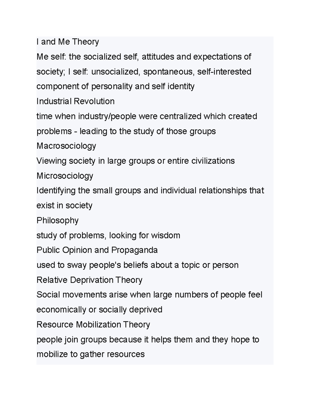 Sociology 5 - Lecture notes Chapter 5 - I and Me Theory Me self: the ...