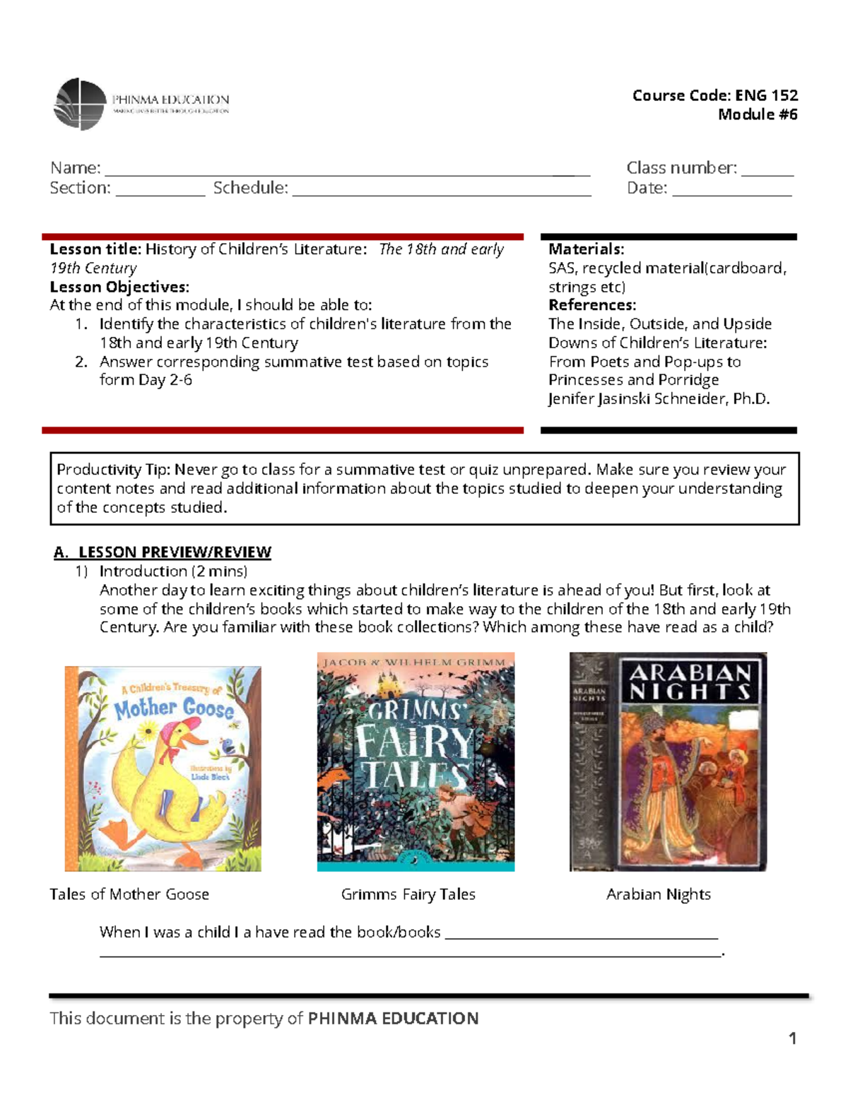 SAS #6 ENG 152 - ENG 152: History of Children's Literature, The 18th ...