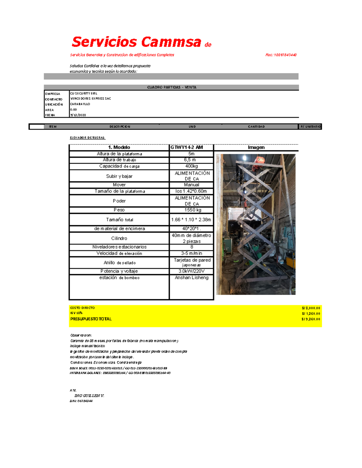 Cotizacion ss Venta elevador electrico carabayllo - Ruc: 10067843440 ...
