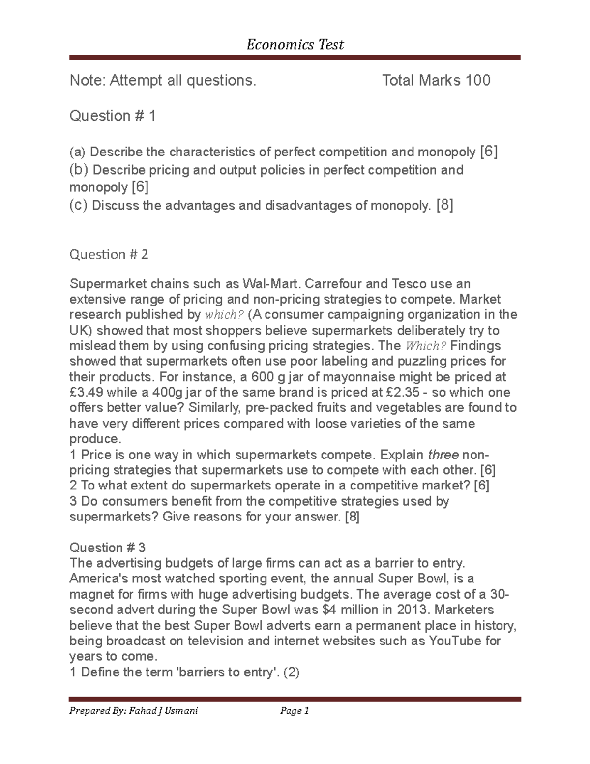 Economics Paper - detail test - Economics Test Note: Attempt all ...