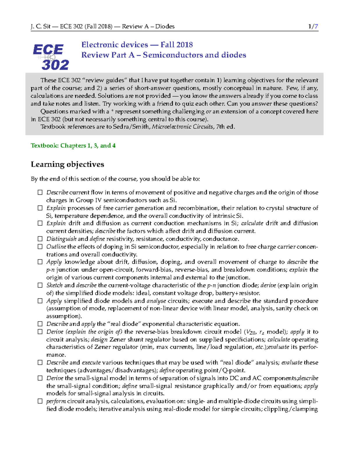 Review-A - review-A.pdf - J. C. Sit — ECE 302 (Fall 2018) — Review A – Diodes 1/ 7 Electronic ...