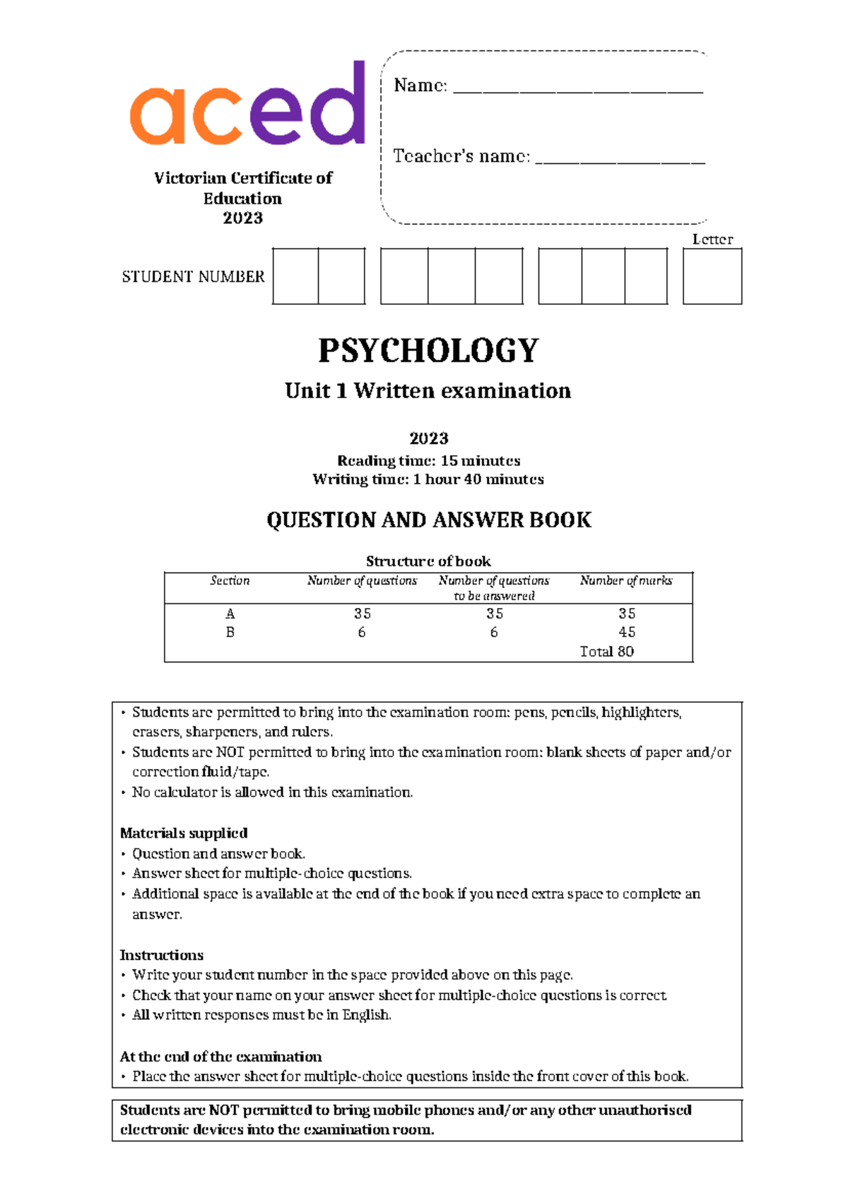 ACED Unit 1 Psychology Exam 2023 - Question and Answer Book - Victorian ...