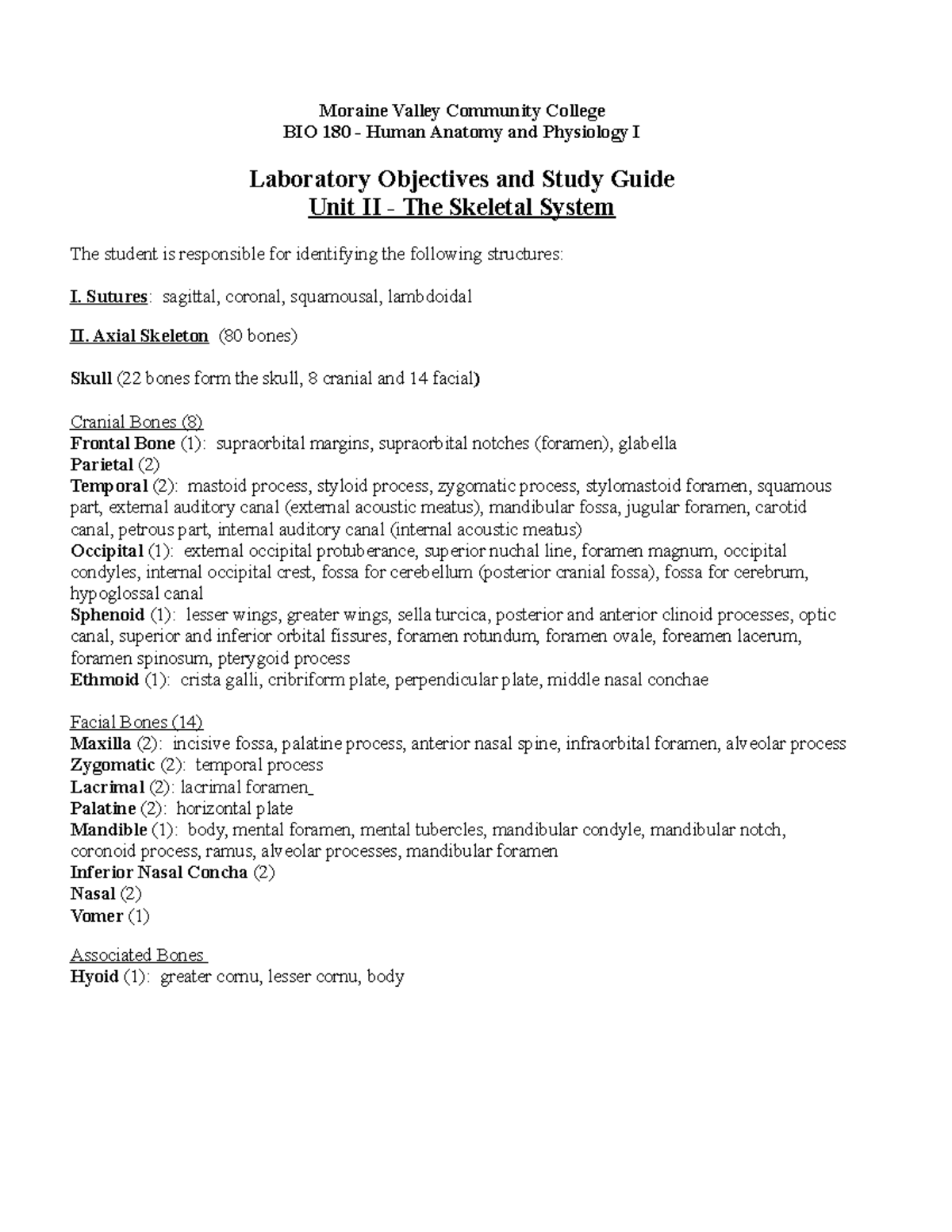 180 Unit II Lab Objectives - Moraine Valley Community College BIO 180 ...