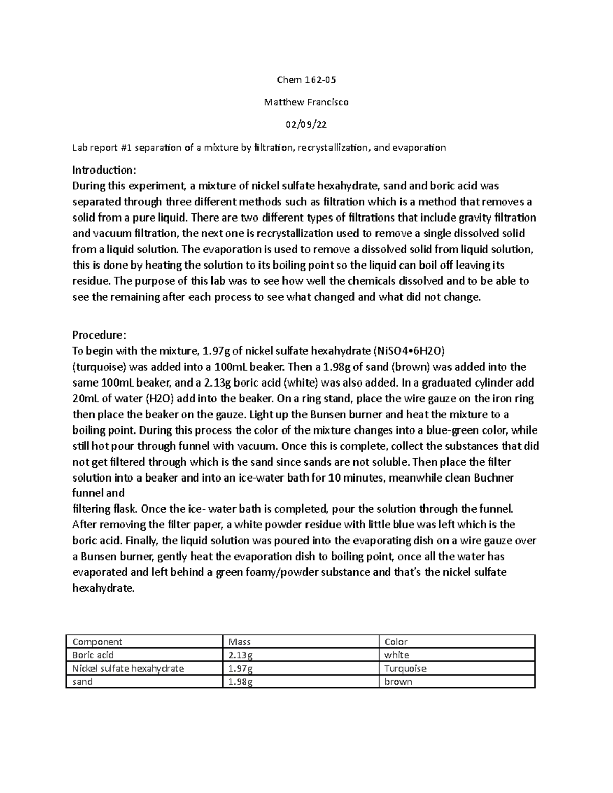 General Chemistry Laboratory Report first lab - Chem 162- Matthew ...