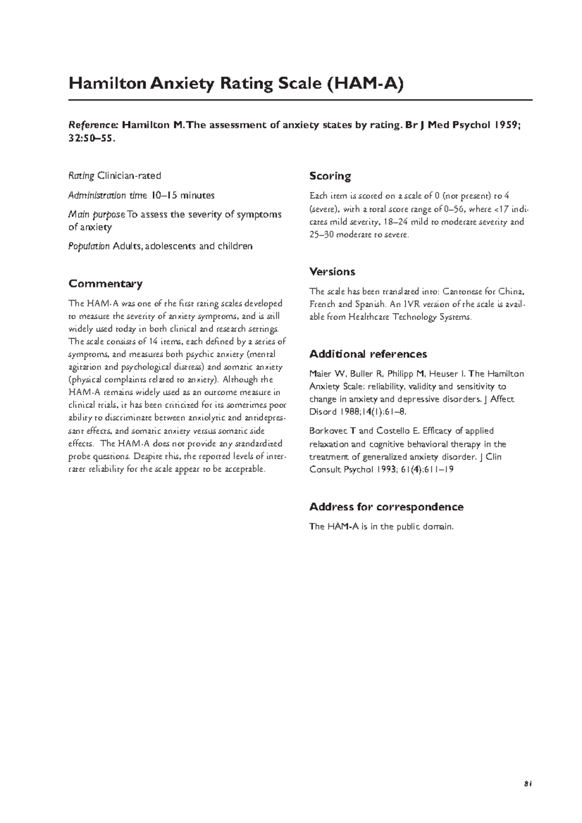 Hamilton- Anxiety scale - Rating Clinician-rated Administration time 10 ...