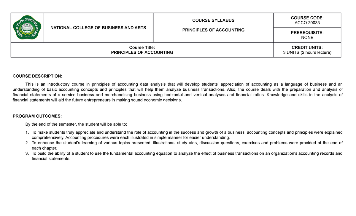 Syllabus - COURSE SYLLABUS NATIONAL COLLEGE OF BUSINESS AND ARTS Course ...