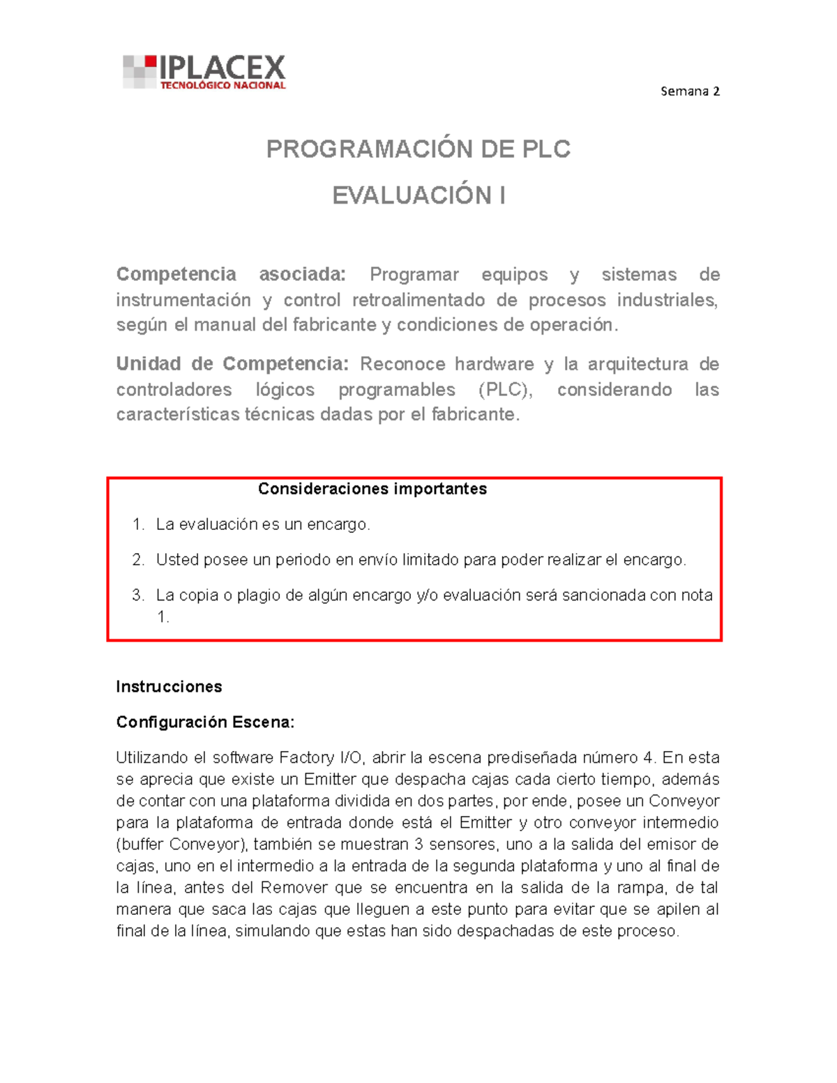 EVA 2A - Año 2022 - PROGRAMACIÓN DE PLC EVALUACIÓN I Competencia ...