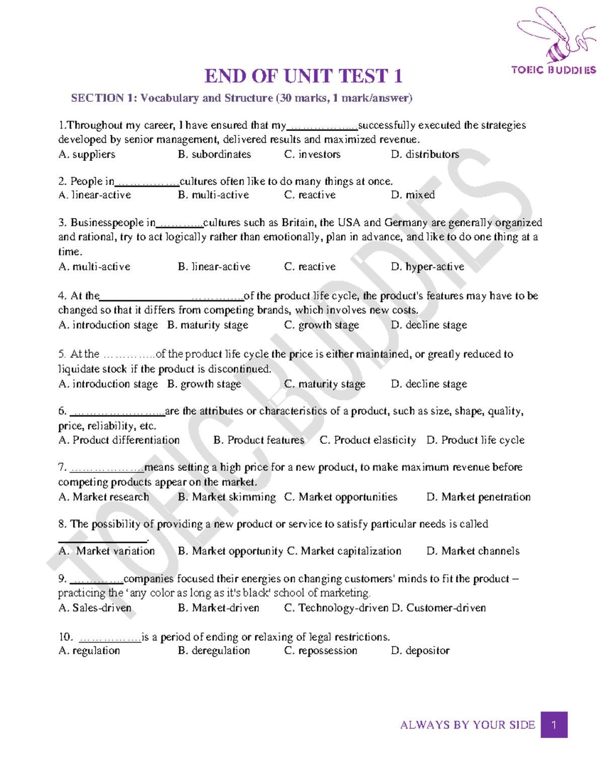END OF UNIT TEST 1 - I. Trên cương vị nhà xuất khẩu, xuất khẩu cà phê ...