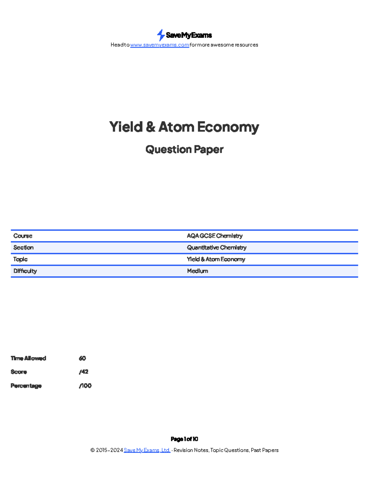 Yield atom economy medium - Page 1 of 10 Yield & Atom Economy Question ...