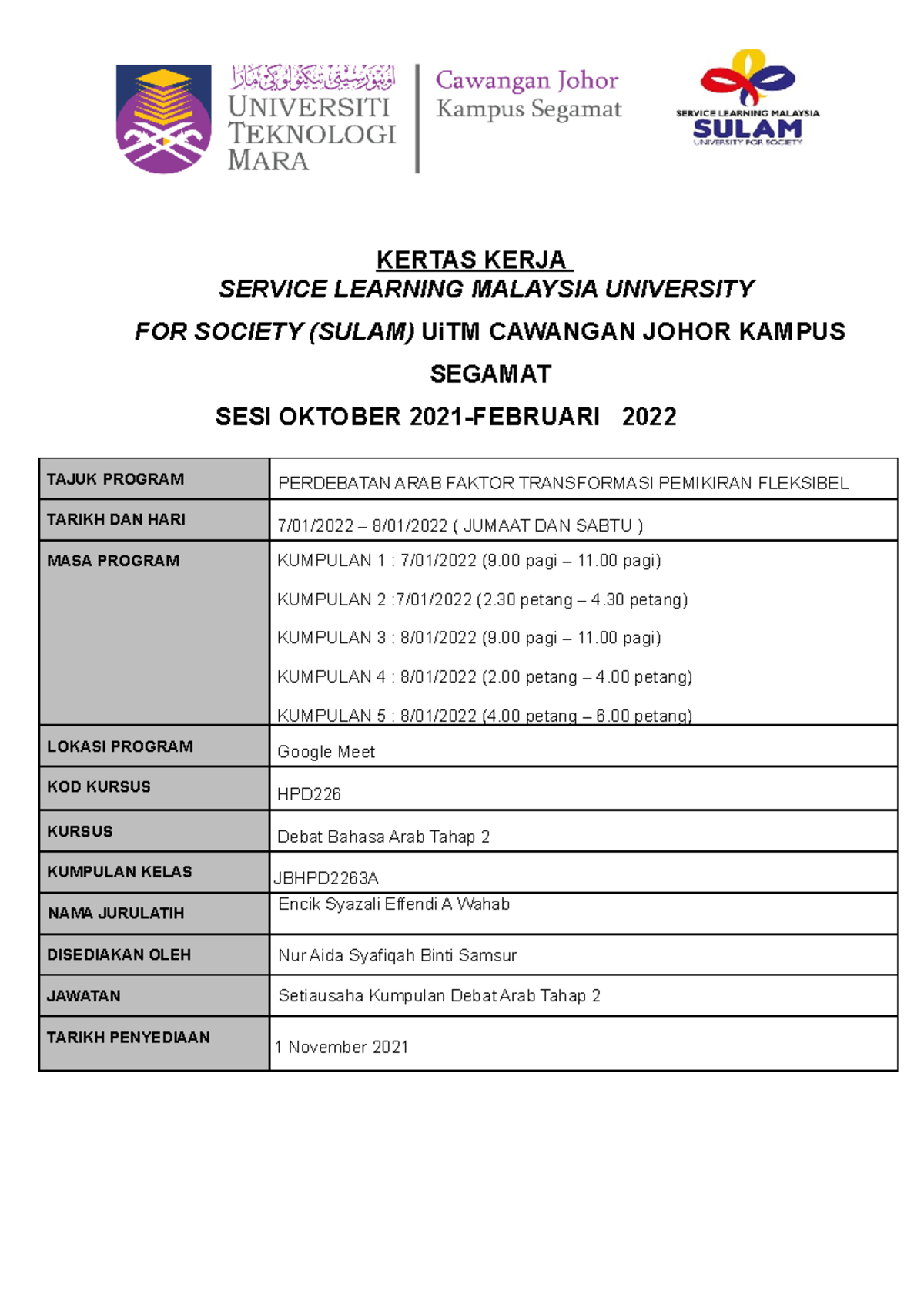 Program Sulam Oktober 2021- Februari 2022 - KERTAS KERJA SERVICE ...
