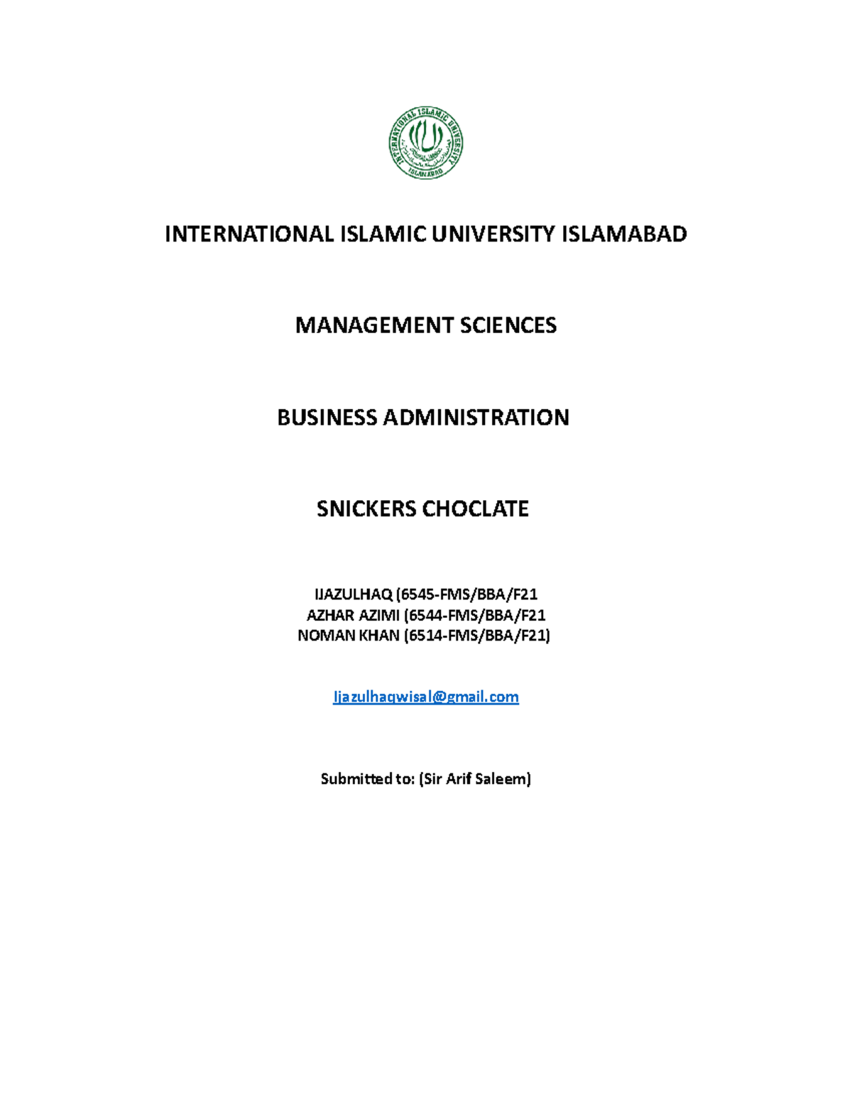 Marketing Project - INTERNATIONAL ISLAMIC UNIVERSITY ISLAMABAD ...