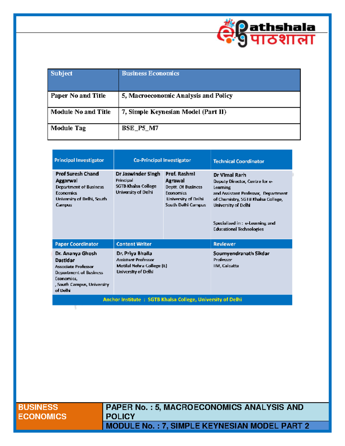 Simple Keynesian Model (Part II) - BUSINESS ECONOMICS PAPER No. : 5 ...