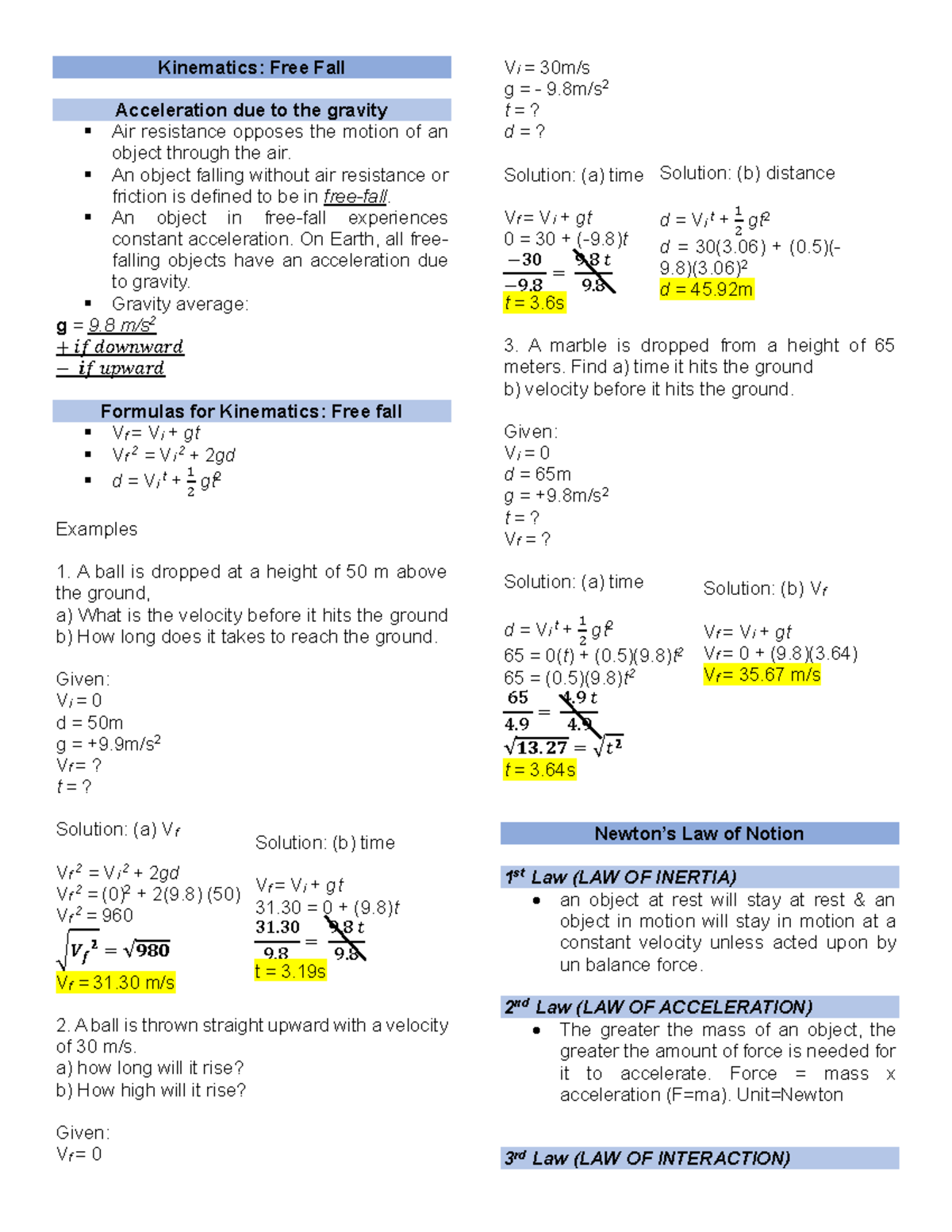 Physics (Midterm) - Kinematics: Free Fall Acceleration due to the ...