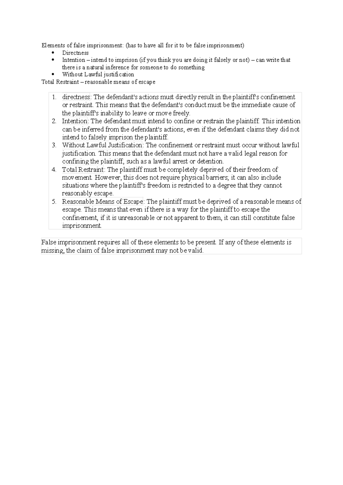 Elements of false imprisonment - directness: The defendant's actions ...