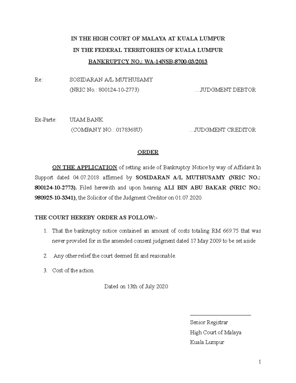 Order TO SET Aside BN - Reference Only - IN THE HIGH COURT OF MALAYA AT ...