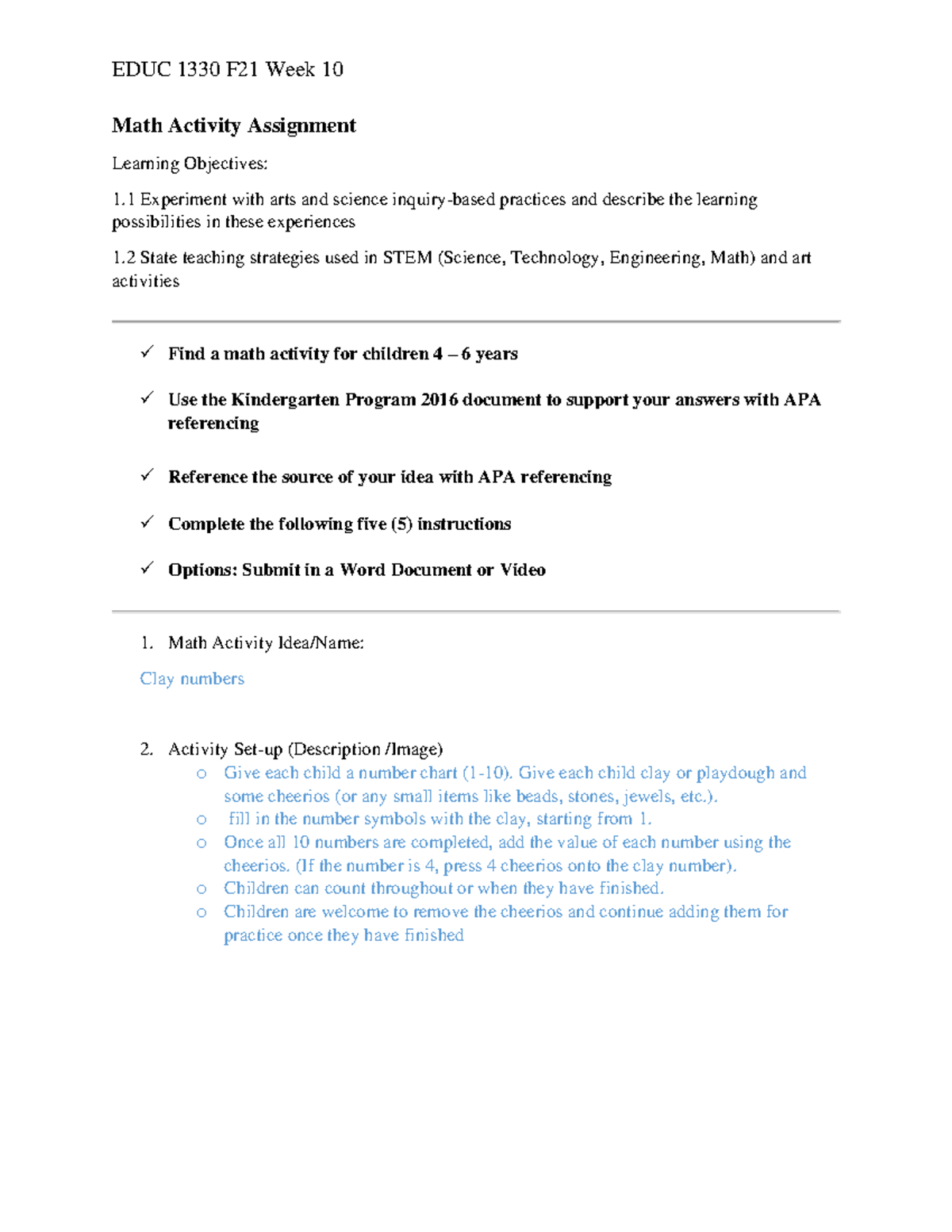 Math activity final - Professor Wilcox Early Childhood Education Fall ...