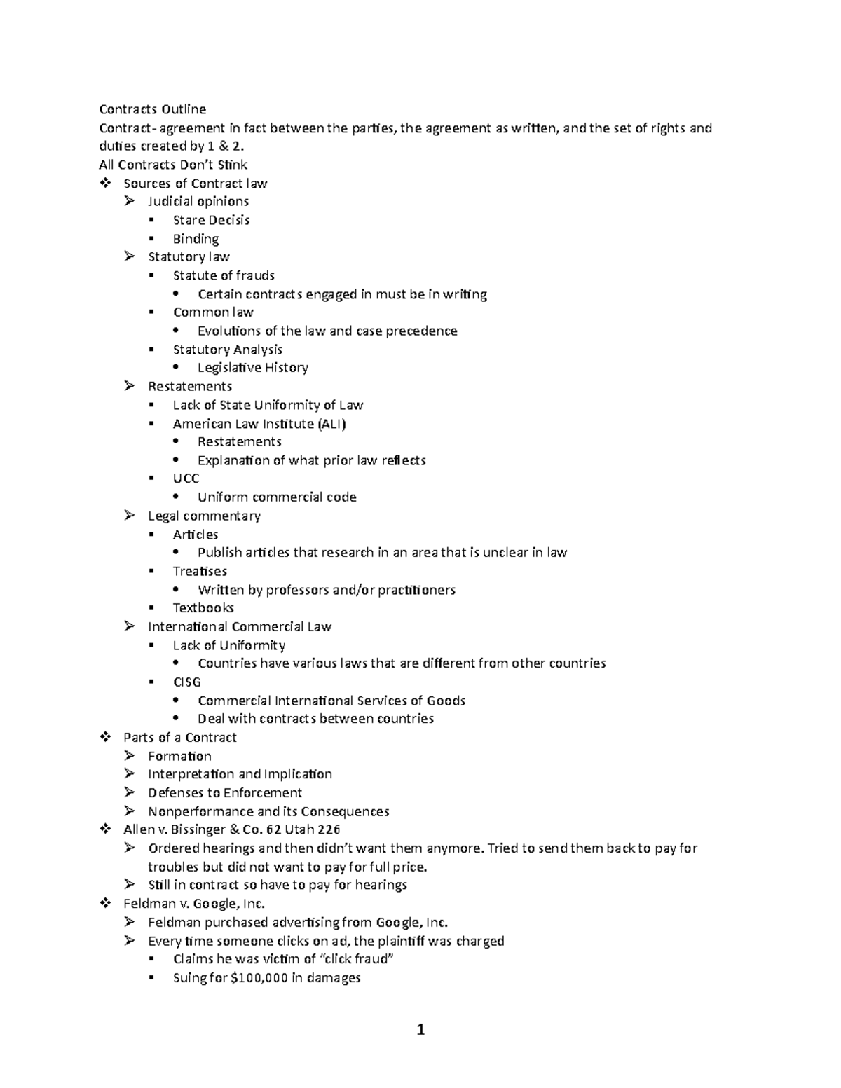 Contracts Outline Notes - Contracts Outline Contract- agreement in fact ...