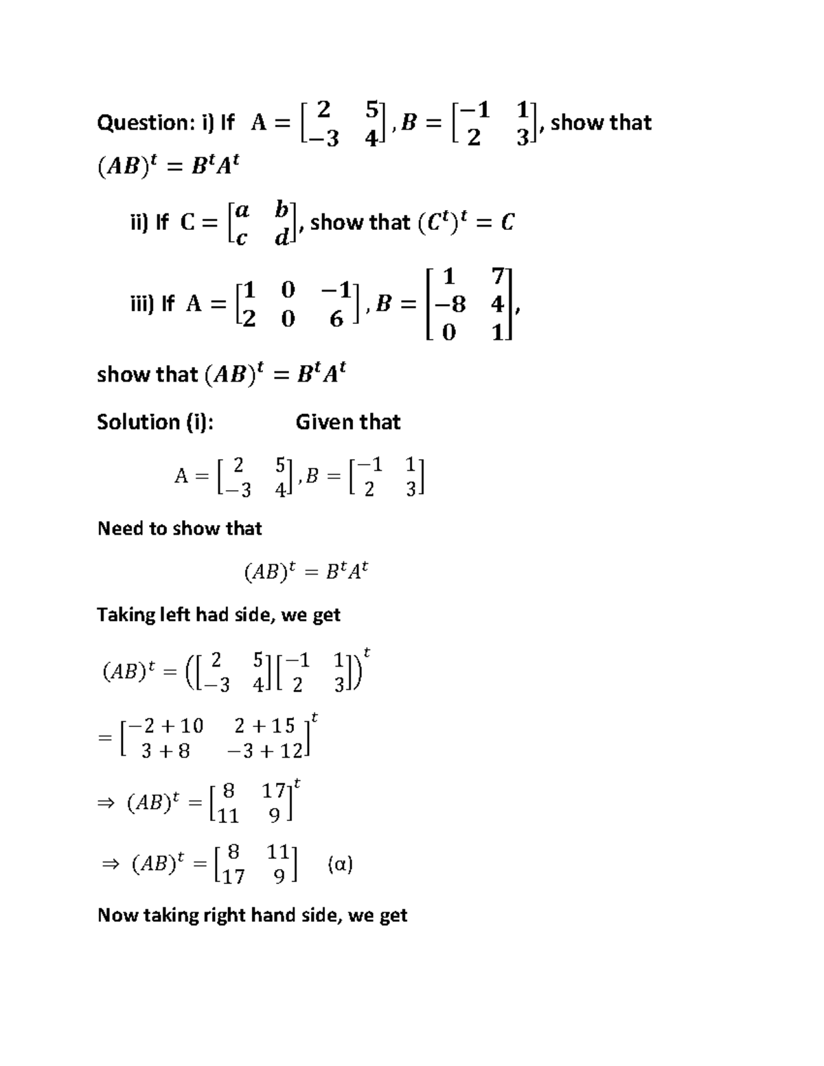 Transpose matrices (multiply) important properties exampes - Question ...