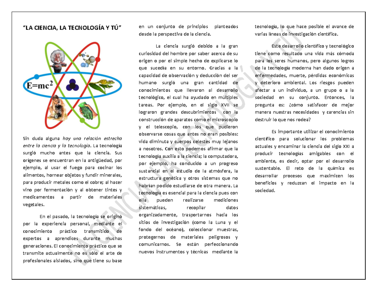 Lectura LA Ciencia, LA Tecnologia Y TÚ - “LA CIENCIA, LA TECNOLOGÍA Y ...