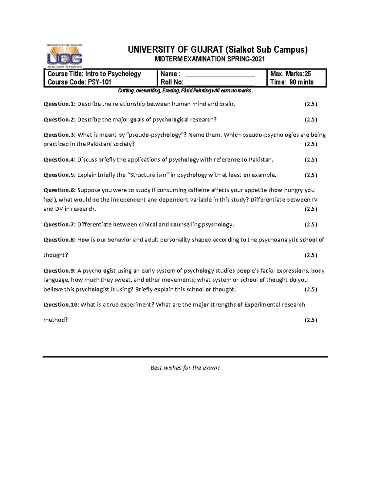 Mid term exam paper -PSY-101 UOG - UNIVERSITY OF GUJRAT (Sialkot Sub Campus) MIDTERM EXAMINATION ...