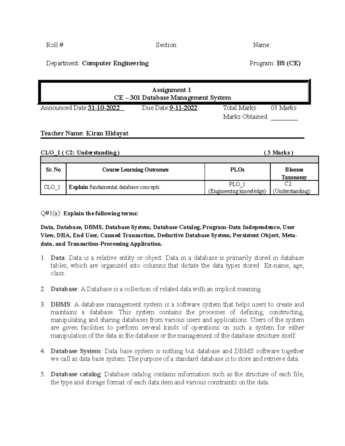 Assignment#1-Sec C - Assignemt - Roll # Section: Name: Department: Computer Engineering Program ...