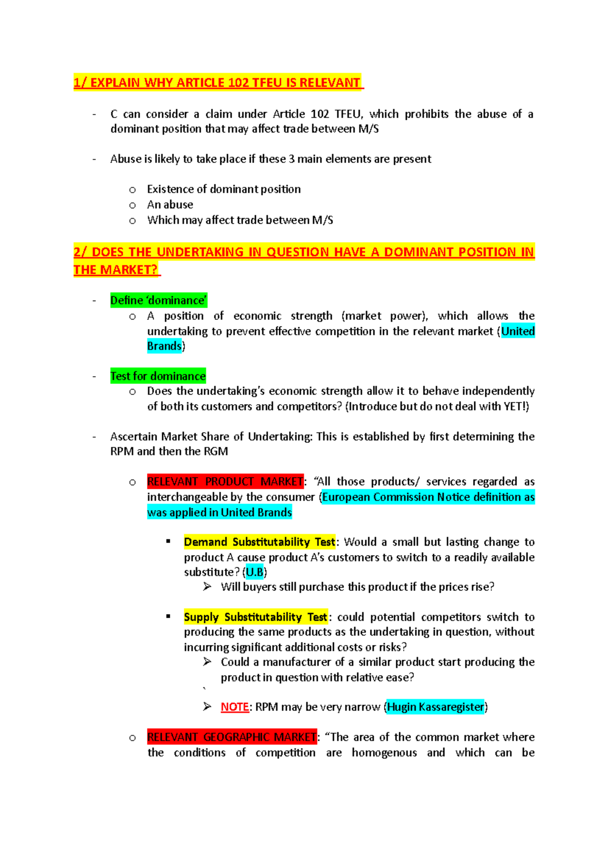 Article 102 - Structure - 1/ EXPLAIN WHY ARTICLE 102 TFEU IS RELEVANT C ...