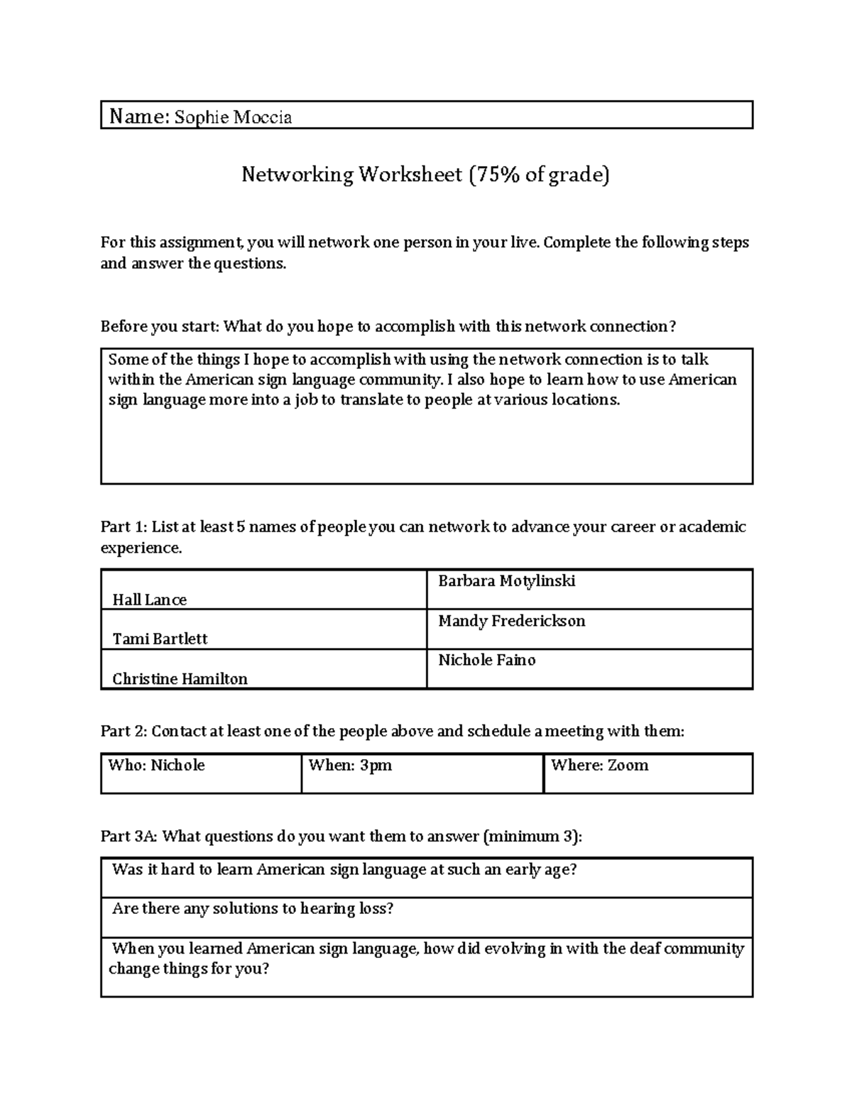 Networking - Name: Sophie Moccia Networking Worksheet (75% of grade ...